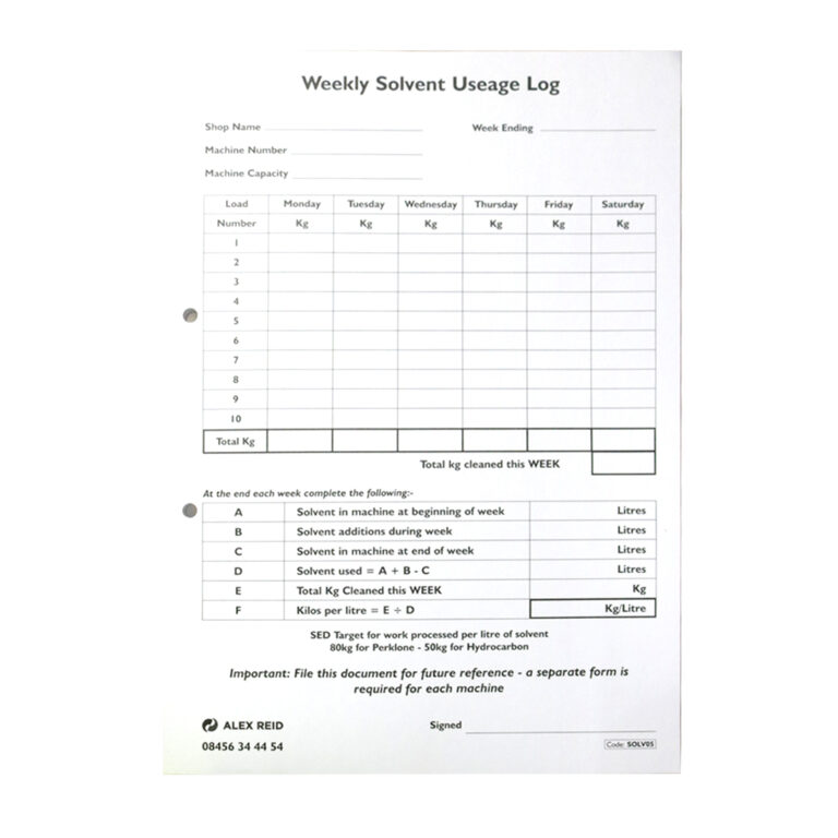 Solvent Weekly Usage Pad - Lynx Dry Cleaning Supplies Ltd